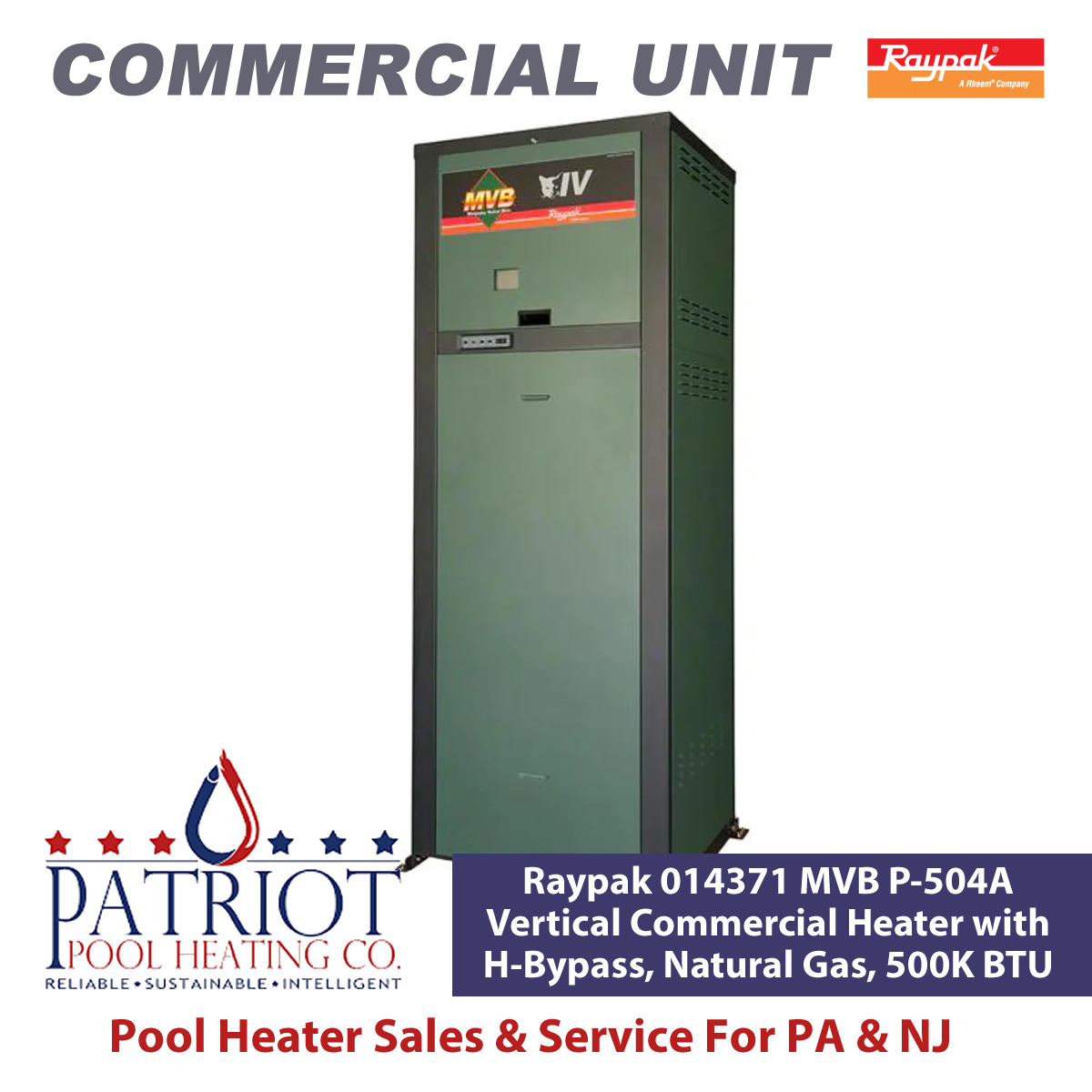 Raypak 014371 MVB P-504A Vertical Commercial Heater with H-Bypass, Natural Gas, 500K BTU ...